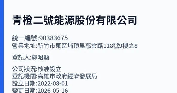 青橙二號能源股份有限公司的照片-統編 90383675(新竹市) 公司登記資料與營業項目詳細圖表