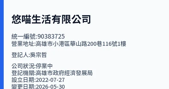 悠喵生活有限公司的照片-統編 90383725(高雄市) 公司登記資料與營業項目詳細圖表