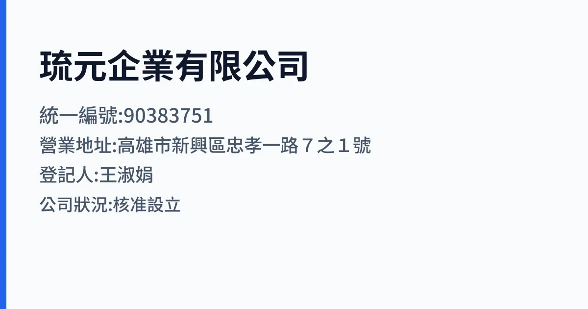 琉元企業有限公司 - 統編 90383751(高雄市) 公司登記資料與營業項目詳細圖表