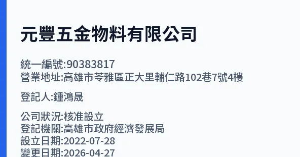 元豐五金物料有限公司的照片-統編 90383817(高雄市) 公司登記資料與營業項目詳細圖表