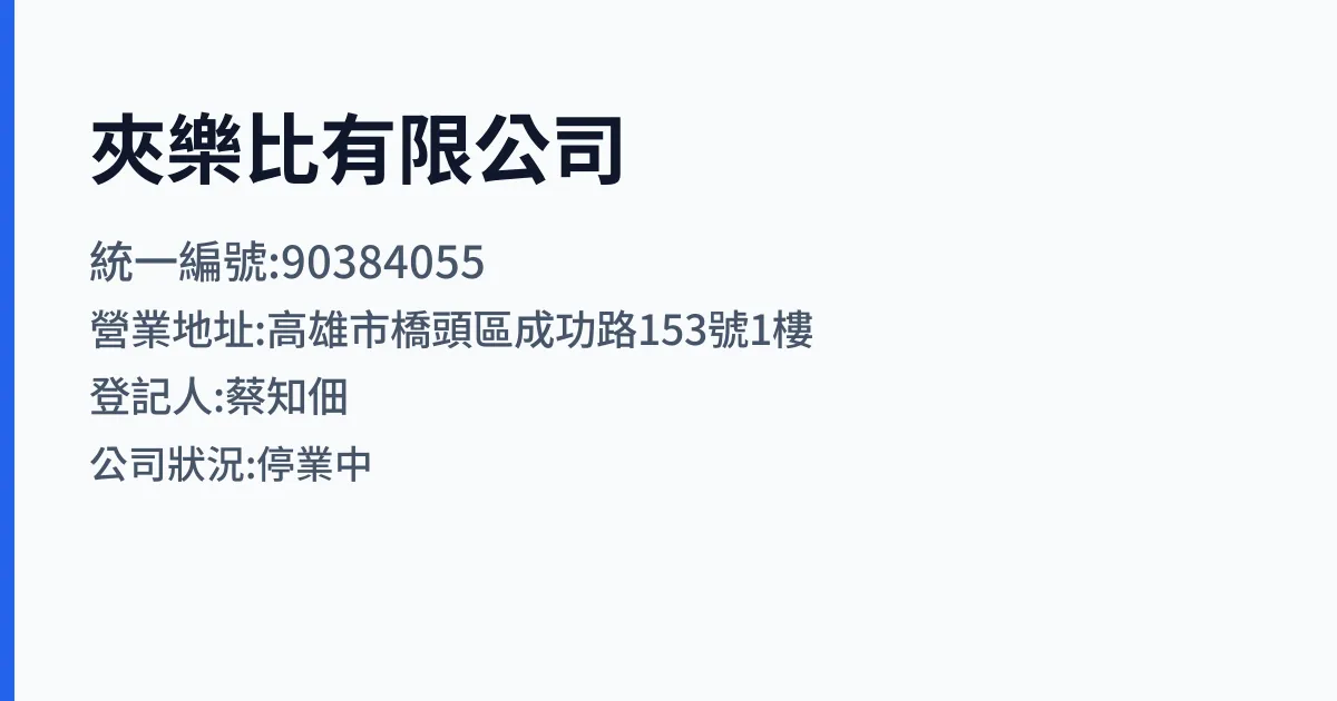 夾樂比有限公司 - 統編 90384055(高雄市) 公司登記資料與營業項目詳細圖表