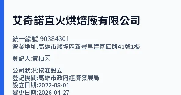 艾奇諾直火烘焙廠有限公司的照片-統編 90384301(高雄市) 公司登記資料與營業項目詳細圖表