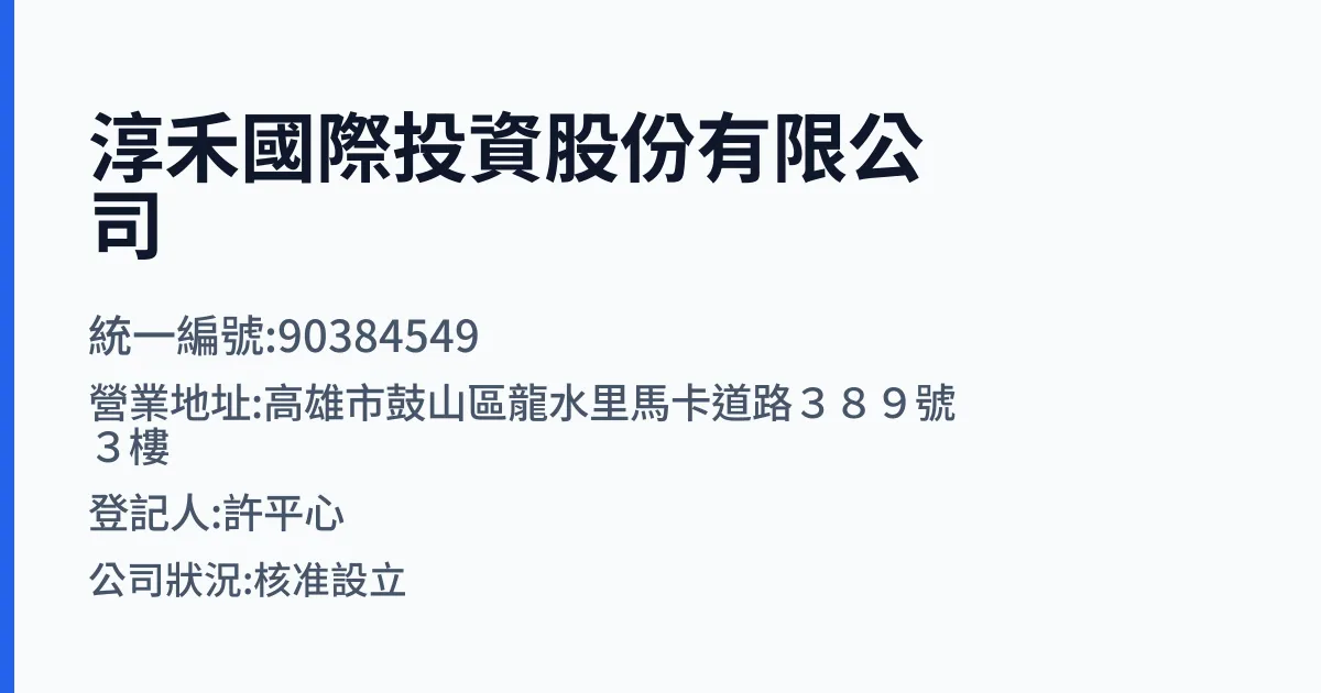 淳禾國際投資股份有限公司 - 統編 90384549(高雄市) 公司登記資料與營業項目詳細圖表