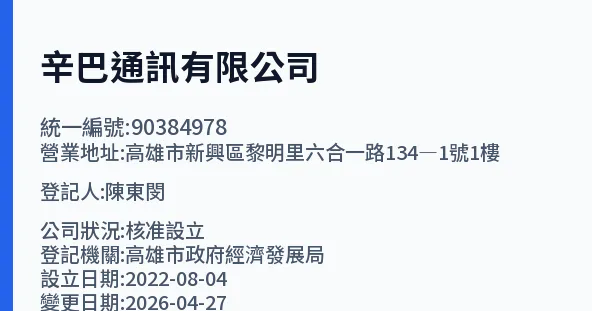 辛巴通訊有限公司的照片-統編 90384978(高雄市) 公司登記資料與營業項目詳細圖表