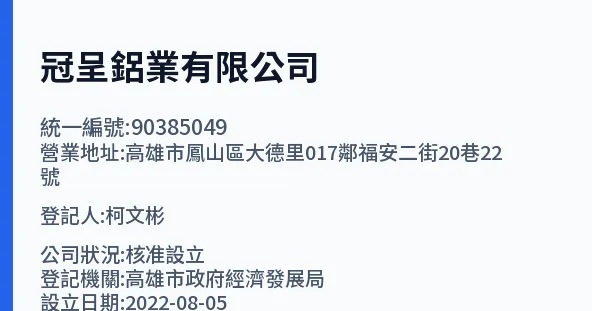 冠呈鋁業有限公司的照片-統編 90385049(高雄市) 公司登記資料與營業項目詳細圖表