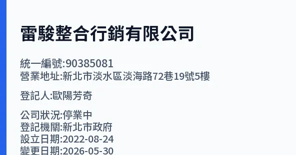 雷駿整合行銷有限公司的照片-統編 90385081(新北市) 公司登記資料與營業項目詳細圖表