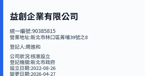 益創企業有限公司的照片-統編 90385815(新北市) 公司登記資料與營業項目詳細圖表