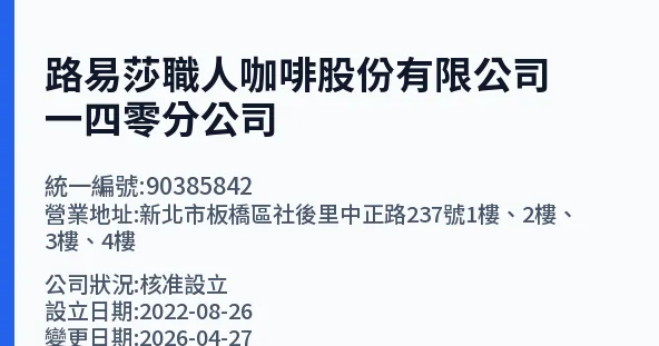 路易莎職人咖啡股份有限公司一四零分公司的照片-統編 90385842(新北市) 公司登記資料與營業項目詳細圖表