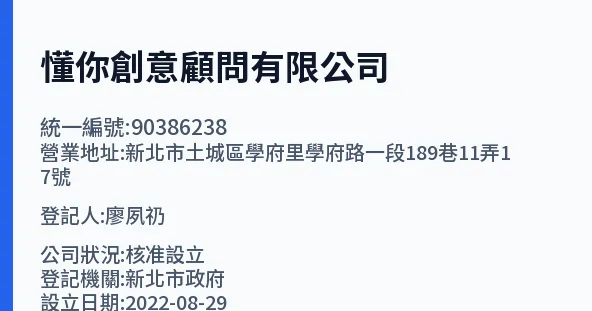 懂你創意顧問有限公司的照片-統編 90386238(新北市) 公司登記資料與營業項目詳細圖表