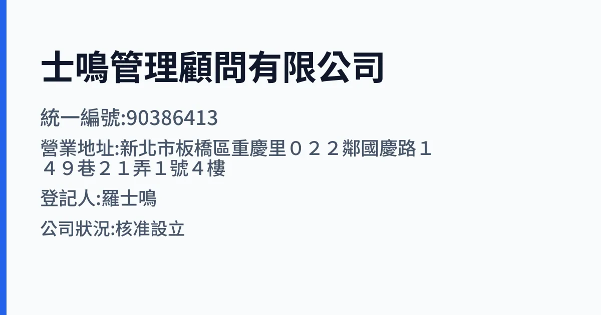 士鳴管理顧問有限公司 - 統編 90386413(新北市) 公司登記資料與營業項目詳細圖表