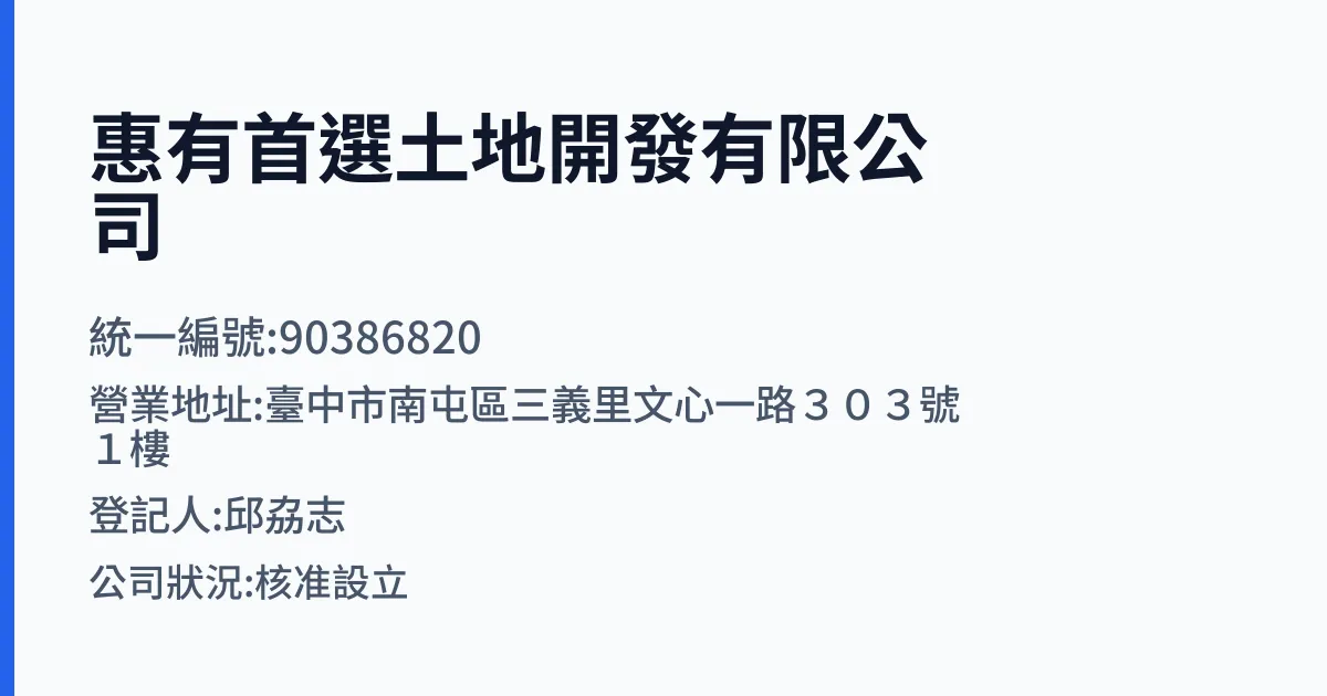 惠有首選土地開發有限公司 - 統編 90386820(臺中市) 公司登記資料與營業項目詳細圖表