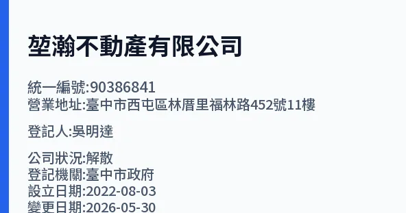 堃瀚不動產有限公司的照片-統編 90386841(臺中市) 公司登記資料與營業項目詳細圖表