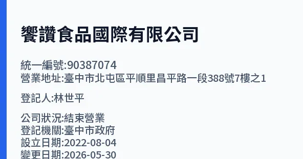 饗讚食品國際有限公司的照片-統編 90387074(臺中市) 公司登記資料與營業項目詳細圖表