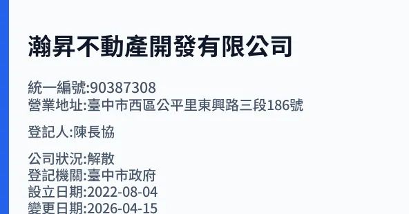 瀚昇不動產開發有限公司的照片-統編 90387308(臺中市) 公司登記資料與營業項目詳細圖表