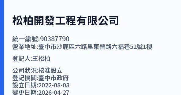 松柏開發工程有限公司的照片-統編 90387790(臺中市) 公司登記資料與營業項目詳細圖表