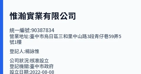 惟瀚實業有限公司的照片-統編 90387834(臺中市) 公司登記資料與營業項目詳細圖表