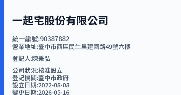 一起宅股份有限公司的照片-統編 90387882(臺中市) 公司登記資料與營業項目詳細圖表