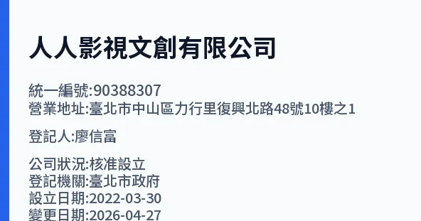 人人影視文創有限公司的照片-統編 90388307(臺北市) 公司登記資料與營業項目詳細圖表