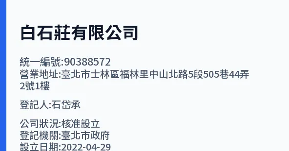 白石莊有限公司的照片-統編 90388572(臺北市) 公司登記資料與營業項目詳細圖表