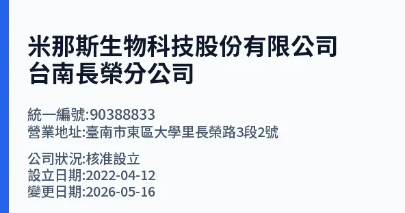 米那斯生物科技股份有限公司台南長榮分公司的照片-統編 90388833(臺南市) 公司登記資料與營業項目詳細圖表