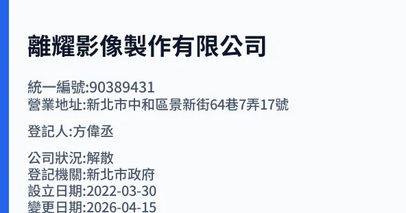離耀影像製作有限公司的照片-統編 90389431(新北市) 公司登記資料與營業項目詳細圖表