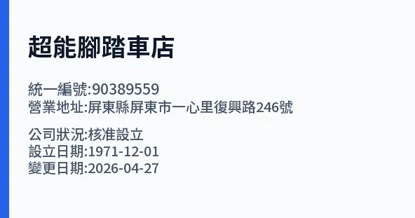 超能腳踏車店的照片-統編 90389559(屏東縣) 公司登記資料與營業項目詳細圖表