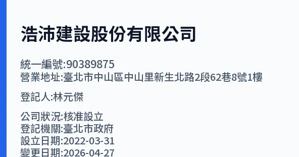 浩沛建設股份有限公司的照片-統編 90389875(臺北市) 公司登記資料與營業項目詳細圖表