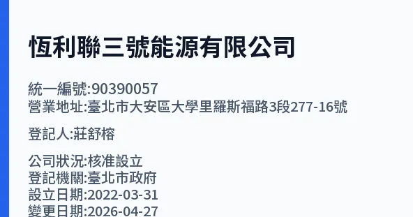 恆利聯三號能源有限公司的照片-統編 90390057(臺北市) 公司登記資料與營業項目詳細圖表