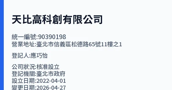 天比高科創有限公司的照片-統編 90390198(臺北市) 公司登記資料與營業項目詳細圖表