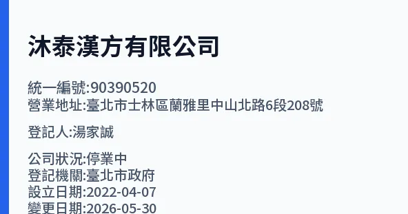 沐泰漢方有限公司的照片-統編 90390520(臺北市) 公司登記資料與營業項目詳細圖表