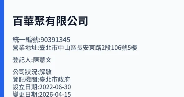 百華聚有限公司的照片-統編 90391345(臺北市) 公司登記資料與營業項目詳細圖表