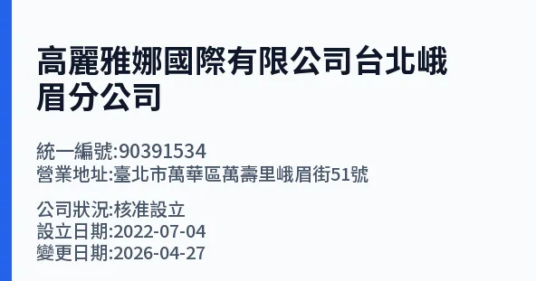 高麗雅娜國際有限公司台北峨眉分公司的照片-統編 90391534(臺北市) 公司登記資料與營業項目詳細圖表