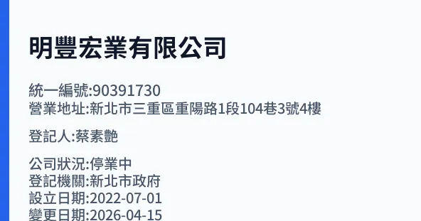 明豐宏業有限公司的照片-統編 90391730(新北市) 公司登記資料與營業項目詳細圖表