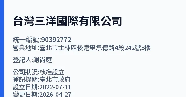 台灣三洋國際有限公司的照片-統編 90392772(臺北市) 公司登記資料與營業項目詳細圖表