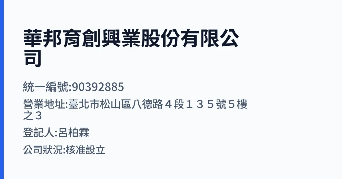 華邦育創興業股份有限公司 - 統編 90392885(臺北市) 公司登記資料與營業項目詳細圖表