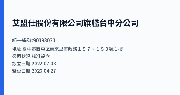 艾盟仕股份有限公司旗艦台中分公司的照片-統編 90393033(臺中市) 公司登記資料與營業項目詳細圖表