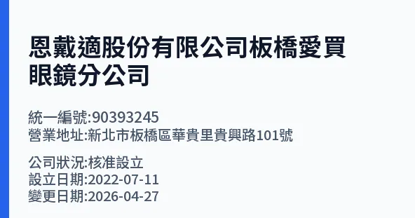 恩戴適股份有限公司板橋愛買眼鏡分公司的照片-統編 90393245(新北市) 公司登記資料與營業項目詳細圖表