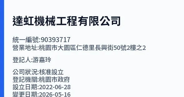 達虹機械工程有限公司的照片-統編 90393717(桃園市) 公司登記資料與營業項目詳細圖表