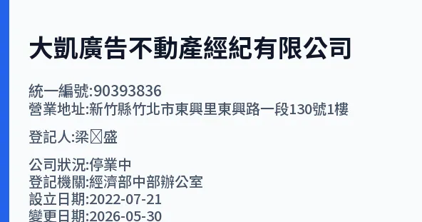 大凱廣告不動產經紀有限公司的照片-統編 90393836(新竹縣) 公司登記資料與營業項目詳細圖表
