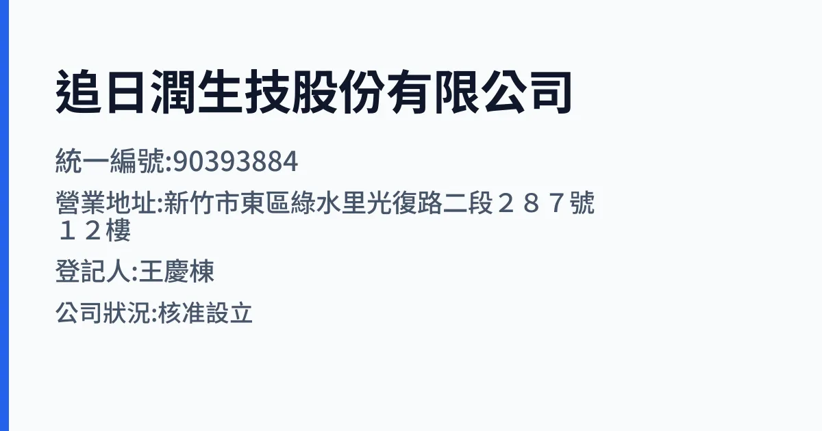 追日潤生技股份有限公司 - 統編 90393884(新竹市) 公司登記資料與營業項目詳細圖表