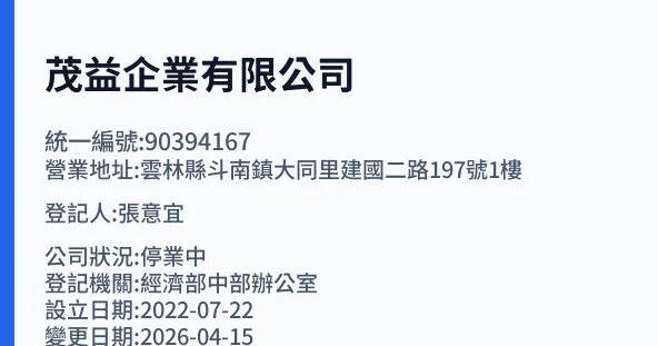 茂益企業有限公司的照片-統編 90394167(雲林縣) 公司登記資料與營業項目詳細圖表