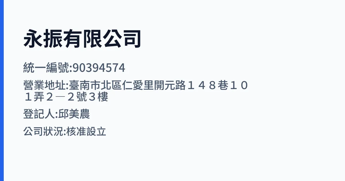 永振有限公司 - 統編 90394574(臺南市) 公司登記資料與營業項目詳細圖表