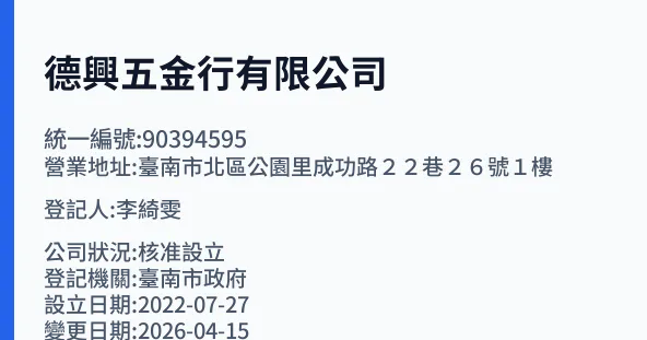 德興五金行有限公司的照片-統編 90394595(臺南市) 公司登記資料與營業項目詳細圖表