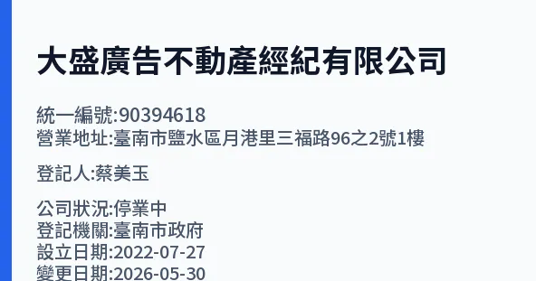 大盛廣告不動產經紀有限公司的照片-統編 90394618(臺南市) 公司登記資料與營業項目詳細圖表