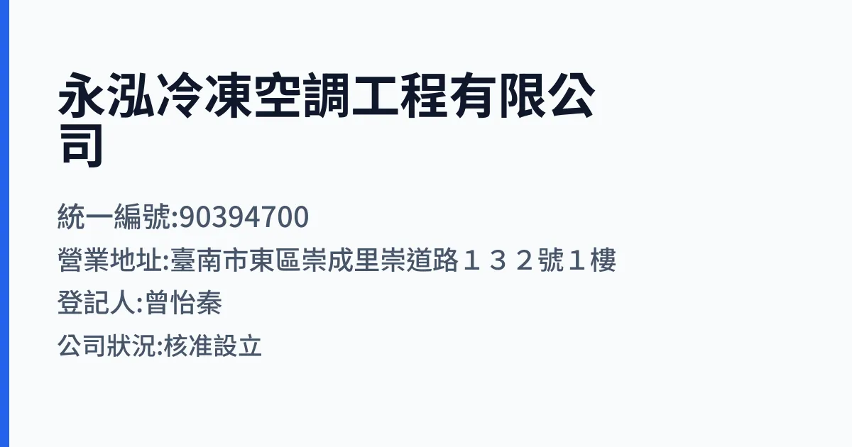 永泓冷凍空調工程有限公司 - 統編 90394700(臺南市) 公司登記資料與營業項目詳細圖表