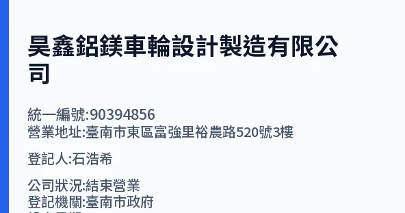 昊鑫鋁鎂車輪設計製造有限公司的照片-統編 90394856(臺南市) 公司登記資料與營業項目詳細圖表
