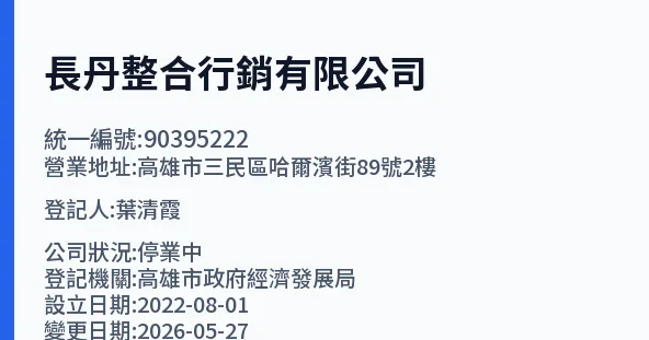 長丹整合行銷有限公司的照片-統編 90395222(高雄市) 公司登記資料與營業項目詳細圖表