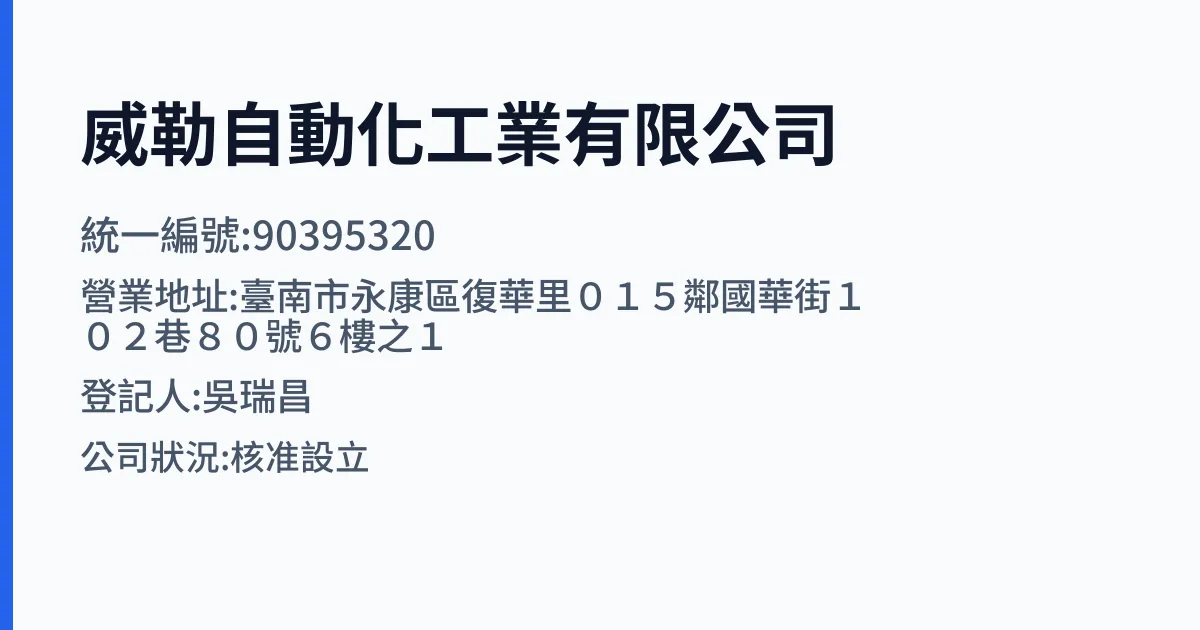 威勒自動化工業有限公司 - 統編 90395320(臺南市) 公司登記資料與營業項目詳細圖表