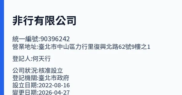 非行有限公司的照片-統編 90396242(臺北市) 公司登記資料與營業項目詳細圖表