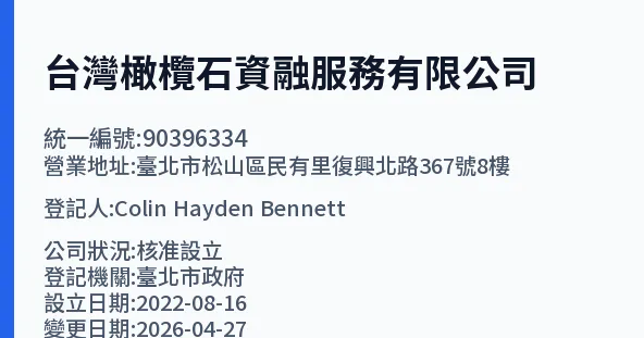 台灣橄欖石資融服務有限公司的照片-統編 90396334(臺北市) 公司登記資料與營業項目詳細圖表